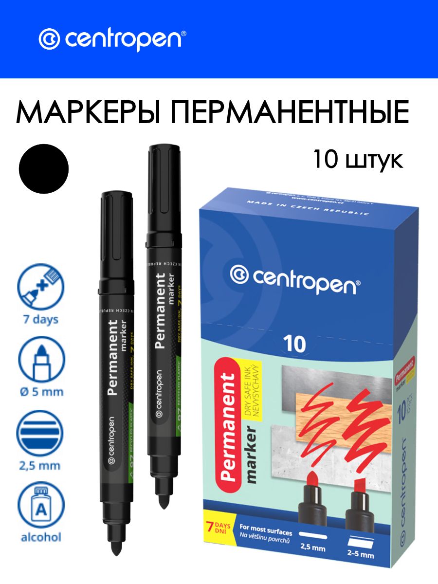 Centropen маркеры PERMANENT 2,5 мм, перо круглое, перманентные 10 штук, Черный 8510/1