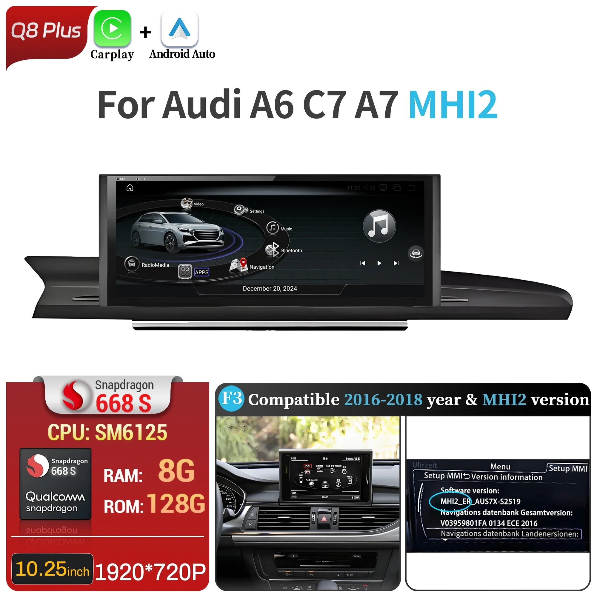 10,25-дюймовый левый руль Android 13 для Audi A6 C7 A7 2012-2018 автомобильный 668S 8-128G MHI2