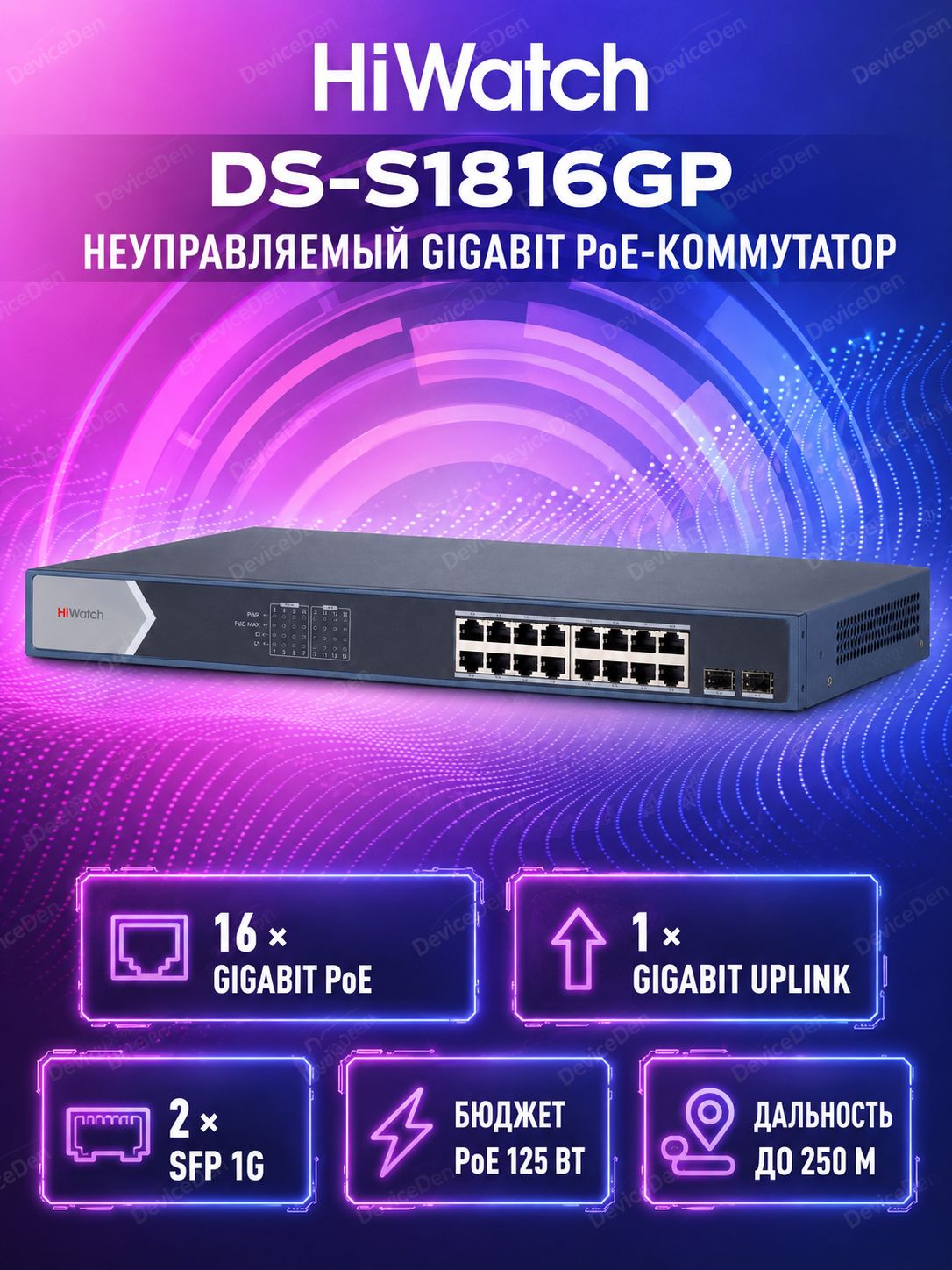 HiWatch DS-S1816GP неуправляемый PoE-коммутатор