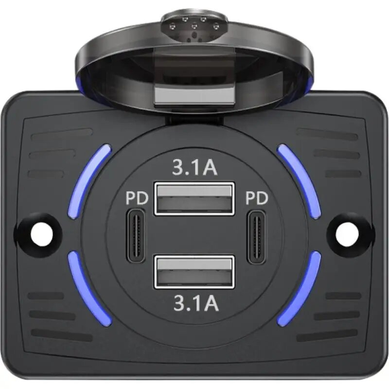 Автомобильное зарядное устройство 12В/24В с разъемом QC 3.0 PD, двойным USB-портом для быстрой зарядки и сдвижной крышкой, адаптер для грузовиков и кемперов.