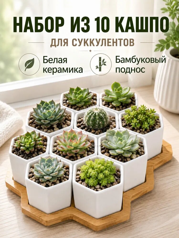 Вазон 0.11 л, 5 см, 10 шт, керамика, бамбуковый поддон, цвет белый, желтый