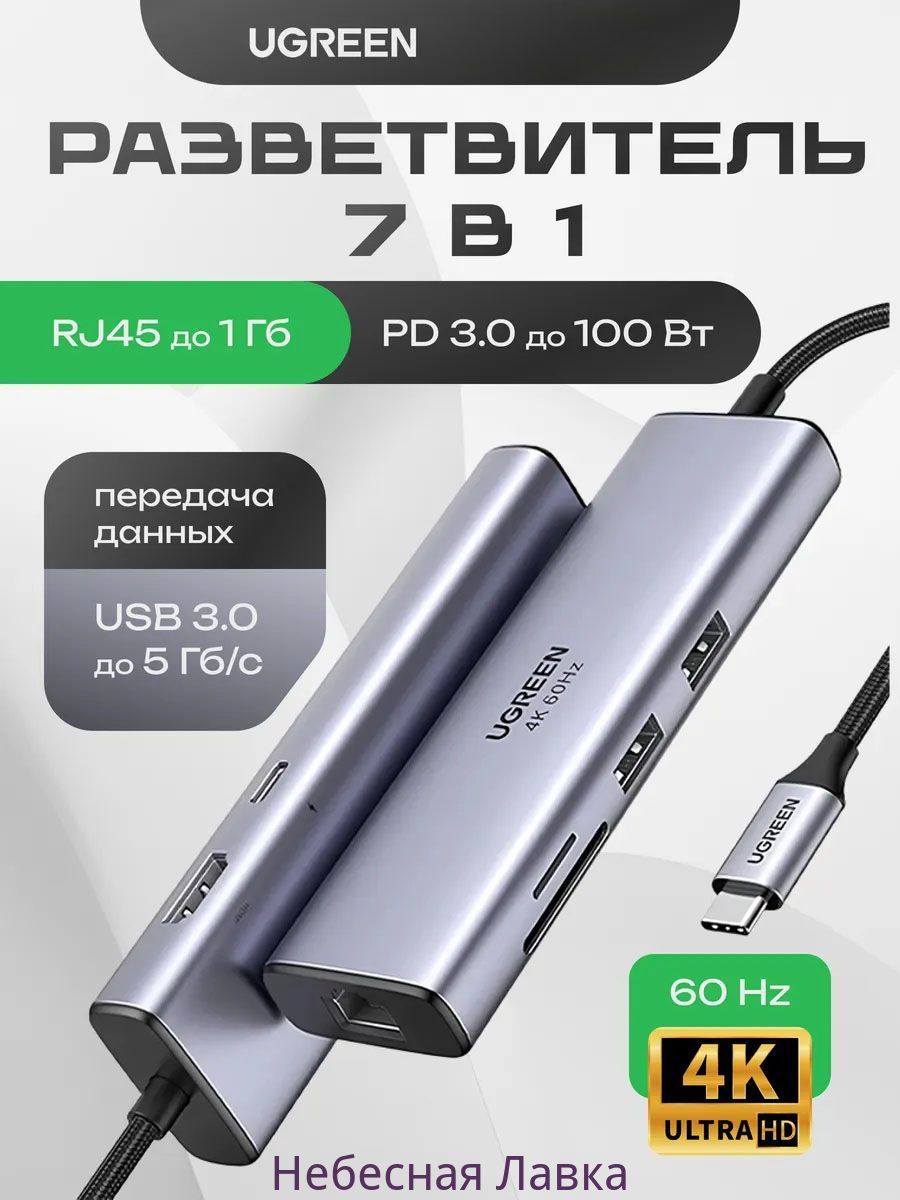 USB-Концентратор UGREEN 7-in-1 (60515),4K(60HZ) HDMI, RJ45, USB 3.0, SD Card, TF Card, PD 100W Hub