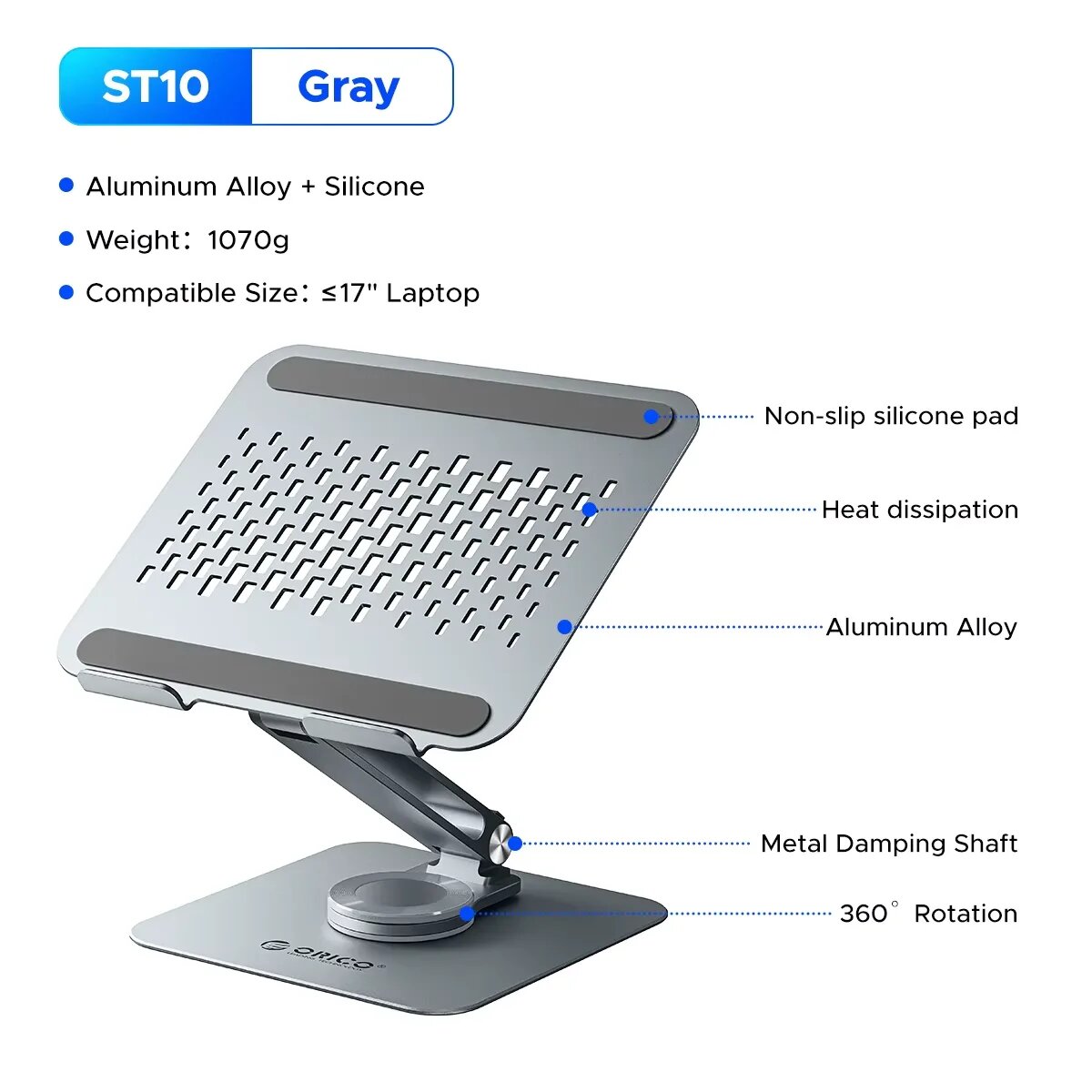ORICO Подставка для ноутбука алюминиевая 4-портовая USB3.0 360 Rotation Gray