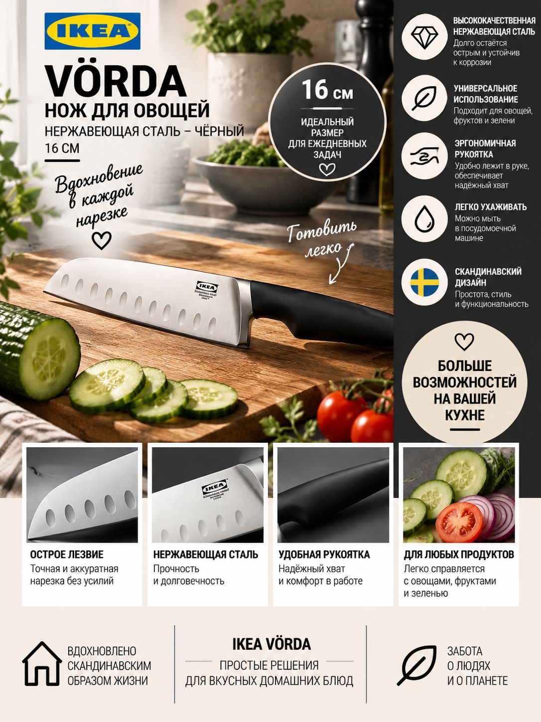 IKEA VORDA нож для овощей, нержавеющая сталь-черный, 16 см