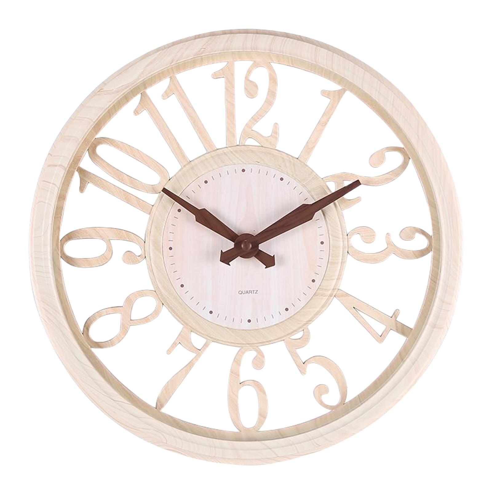 12" European Style Wall Clock Hollow Wood Texture Round for Home Cafe Bar Beige