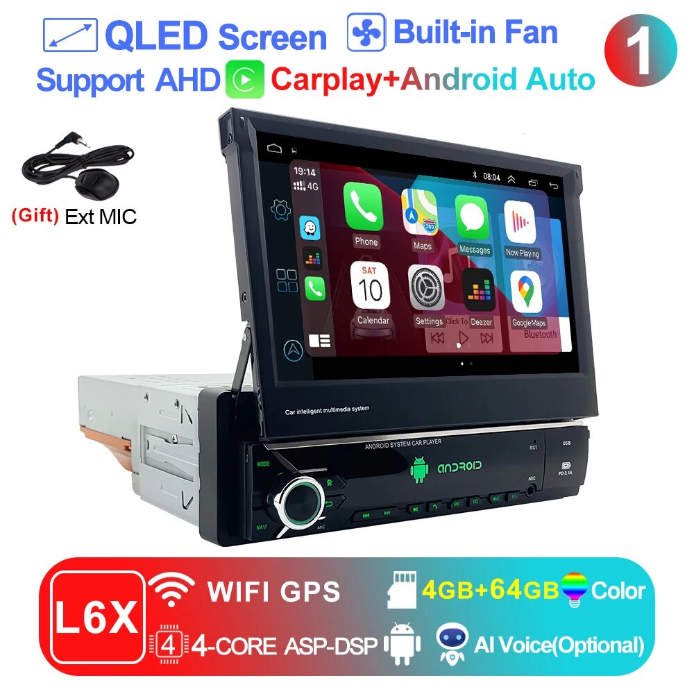 Автомагнитола LEHX Universal 1 Din Android 15 с выдвижным 7-дюймовым QLED-экраном, мультимедийный плеер, стереосистема, GPS, 4G, Carplay, 1din аудио