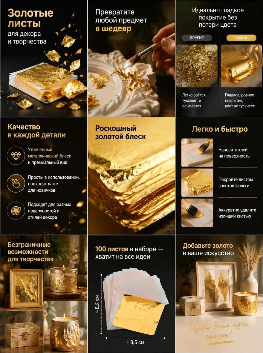 100 Листов Золотой Фольги Для Декора Имитация Золота Размер 9 50X8 50X0 10Cm