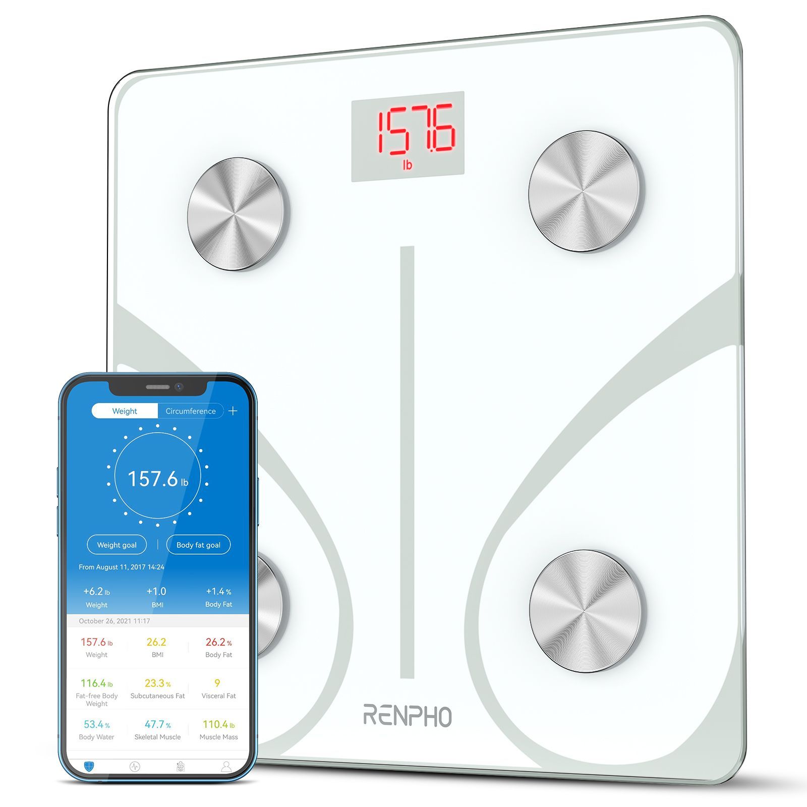 Весы напольные умные Renpho Elis 1 ES-32MD стеклянные, с bluetooth и функцией анализа 13 показателей тела, до 180 кг, белые