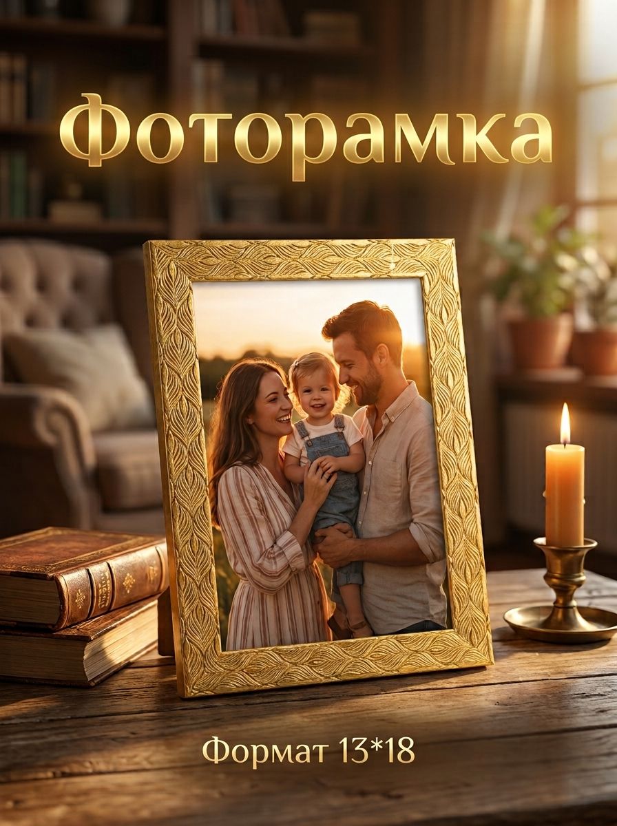 Фоторамка для фото 13 18 см Перо павлина , пластик под золото, 20.7 15.6 0.9 см