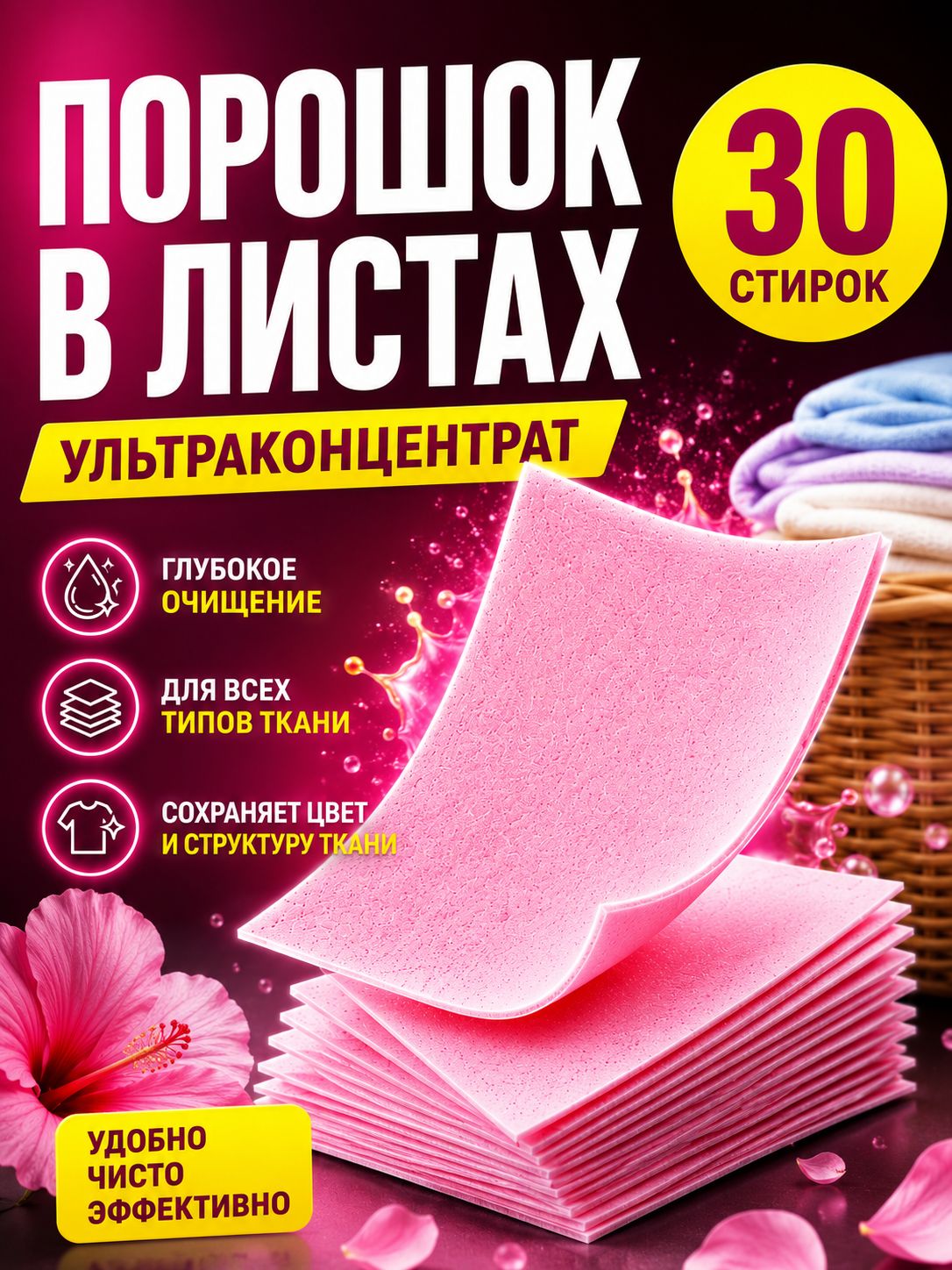 Пластины для стирки белья 30 шт, листы для стирки, концентрат для белого и цветного белья, аромат Роза