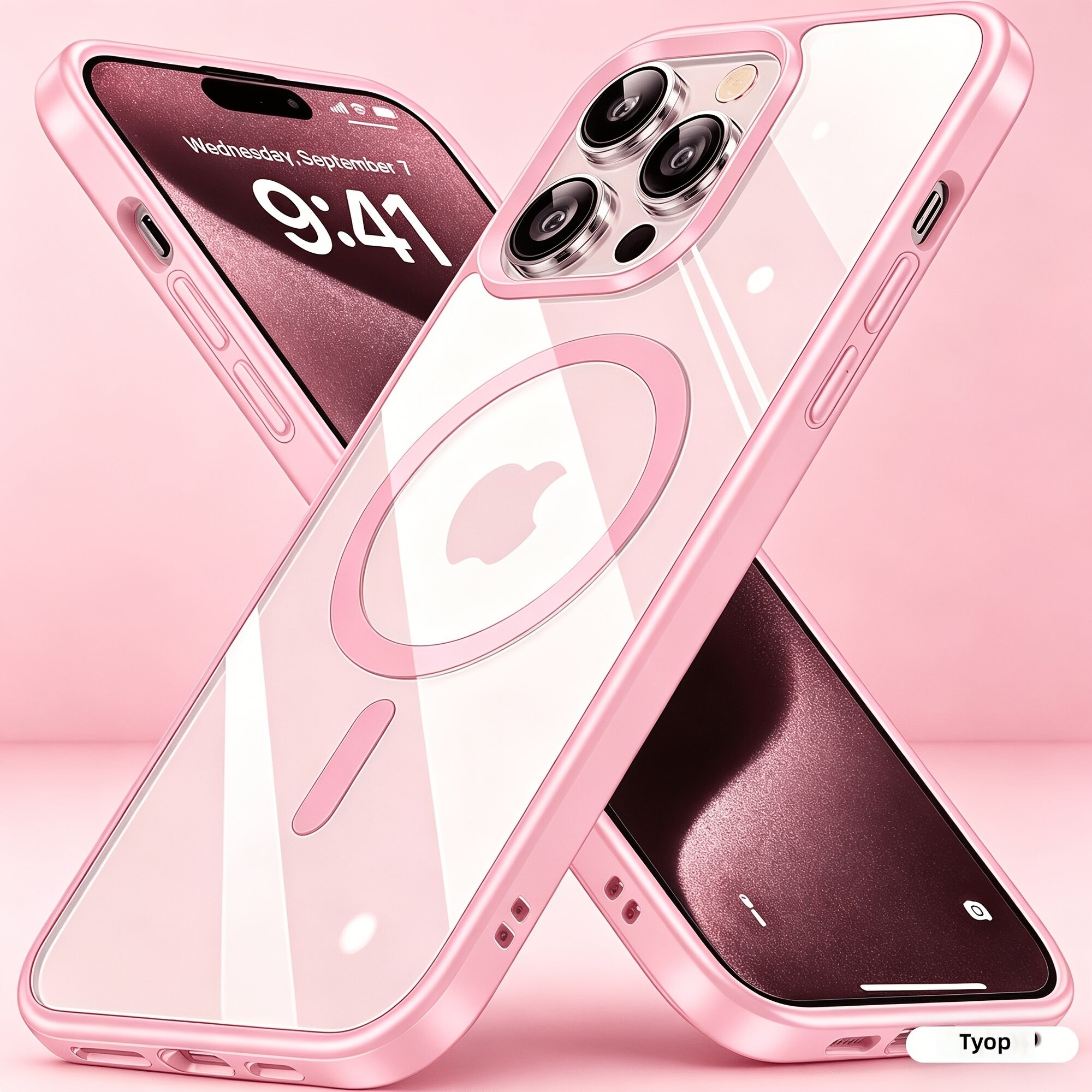 Прозрачный защитный чехол для смартфонов 17 Pro Max розового цвета с магнитным креплением и поддержкой беспроводной зарядки