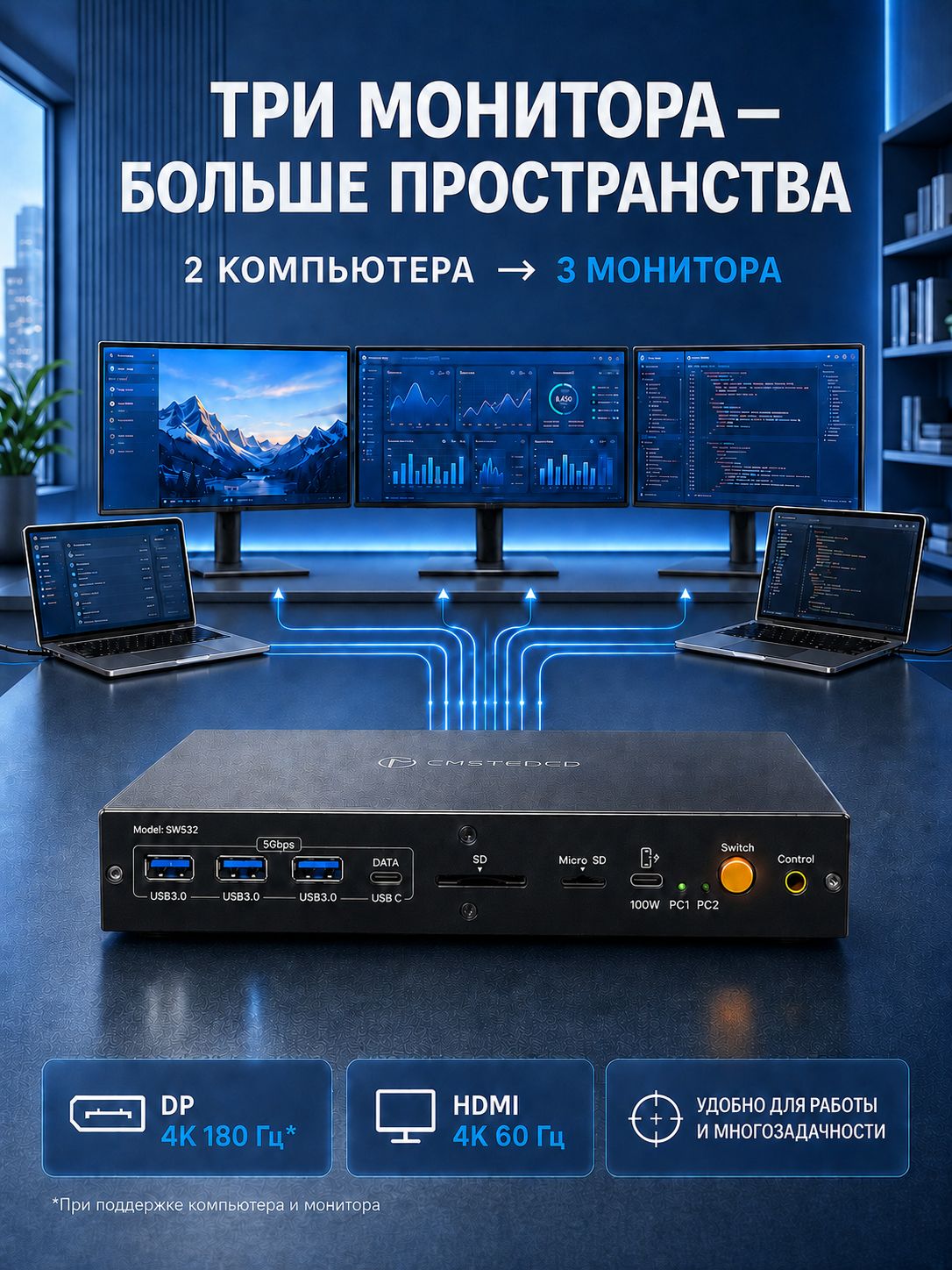KVM-переключатель USB-C с док-станцией для 2 компьютеров и 3 мониторов, DisplayPort 4K 180 Гц + HDMI 4K 60 Гц, MST, USB 3.2, Gigabit Ethernet, SD/TF, PD 100 Вт