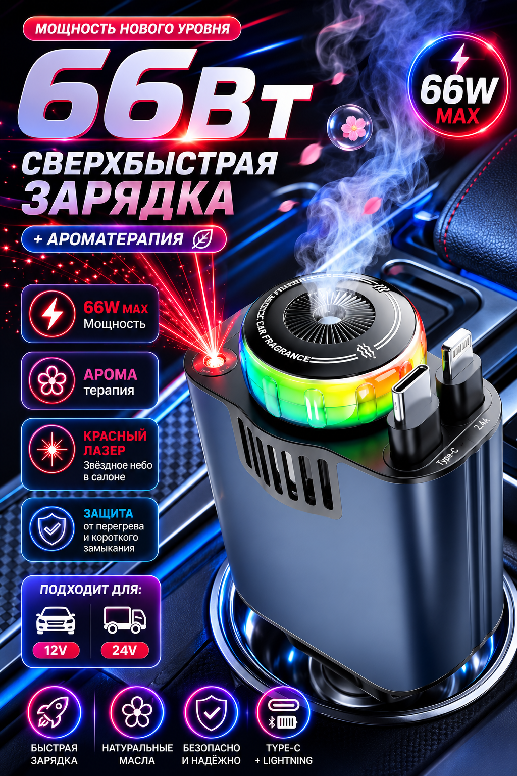 Быстрое авто зарядное устройство 66Вт с кабелями Type-C и Lightning, поворот 180°