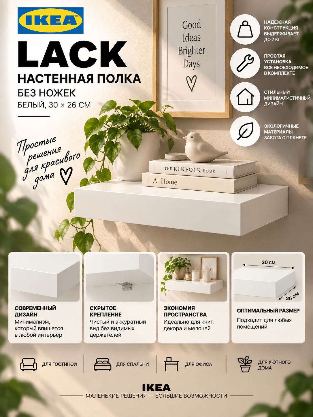 IKEA Полка интерьерная с крючками Настенная, 30х26х5 см, 1 шт.