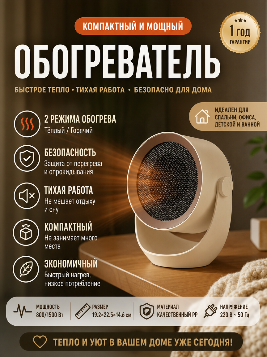 Тепловентилятор электрический, мини обогреватель портативный для дома и офиса, энергосберегающий