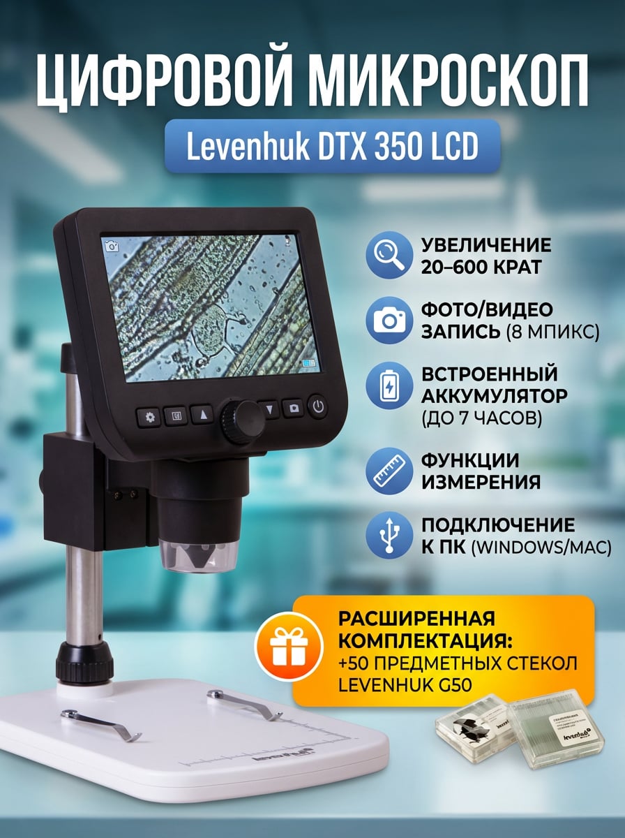 Микроскоп цифровой Levenhuk DTX 350 LCD в комплекте с предметными стеклами Levenhuk G50, 50 шт.