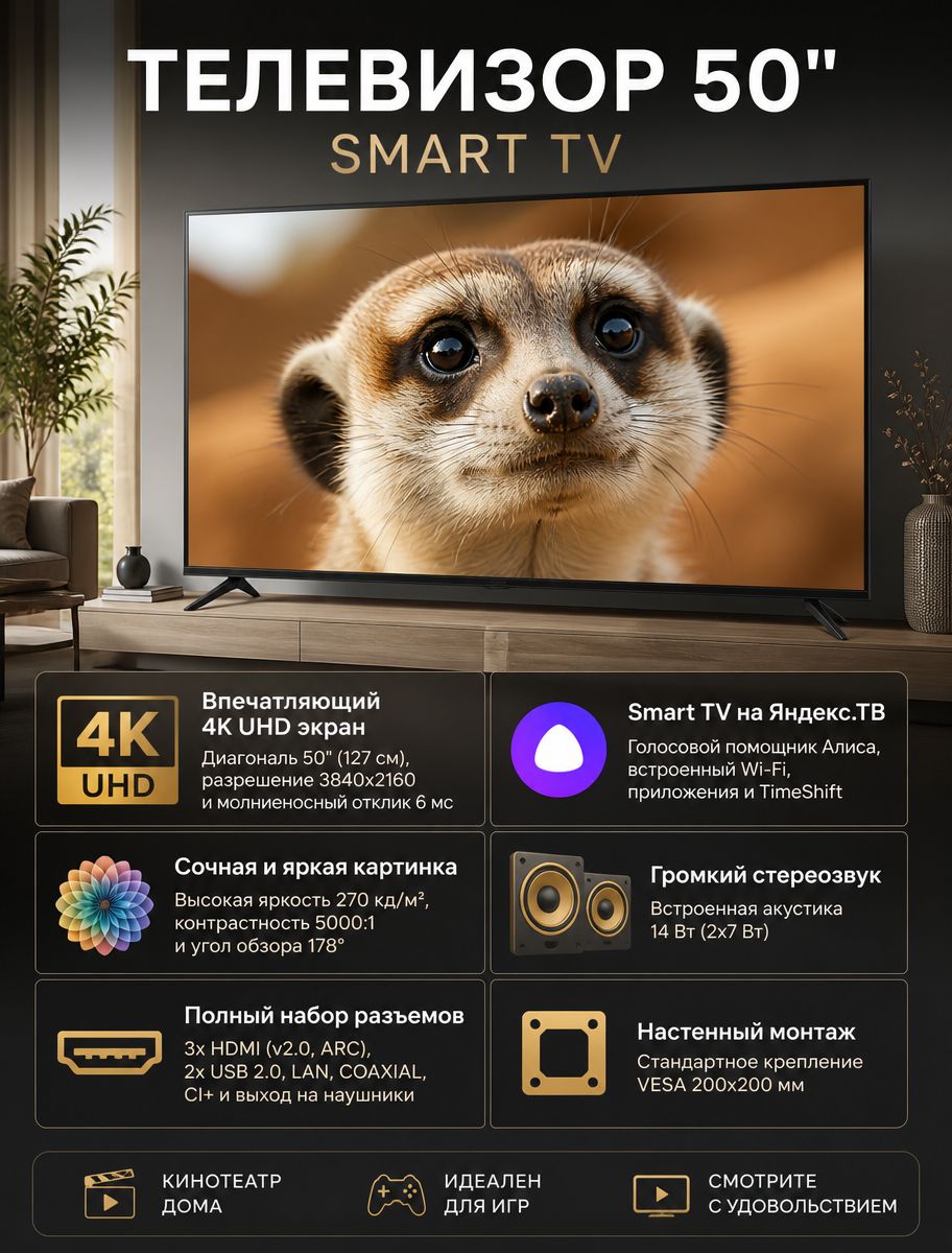 Телевизор RASKAT 50U5200B 50" (127 см) 4K Ultra HD, Smart TV WildRed, Wi-Fi