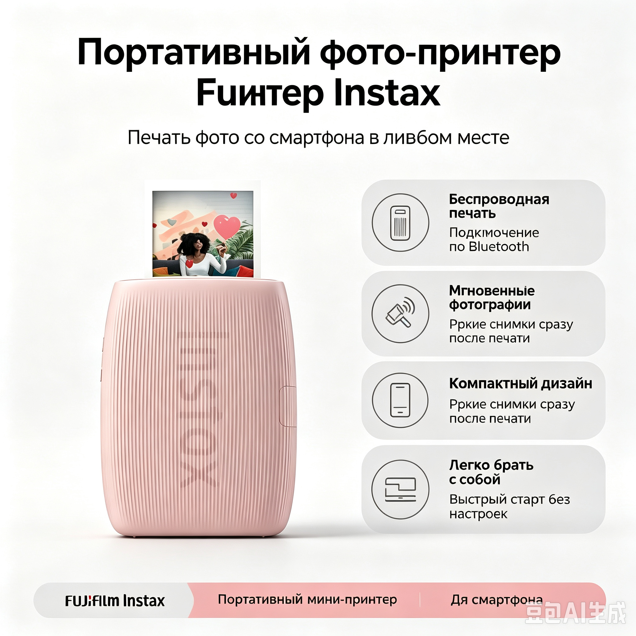Портативный фото‑принтер Fujifilm Instax, печать фото со смартфона, беспроводной мини принтер