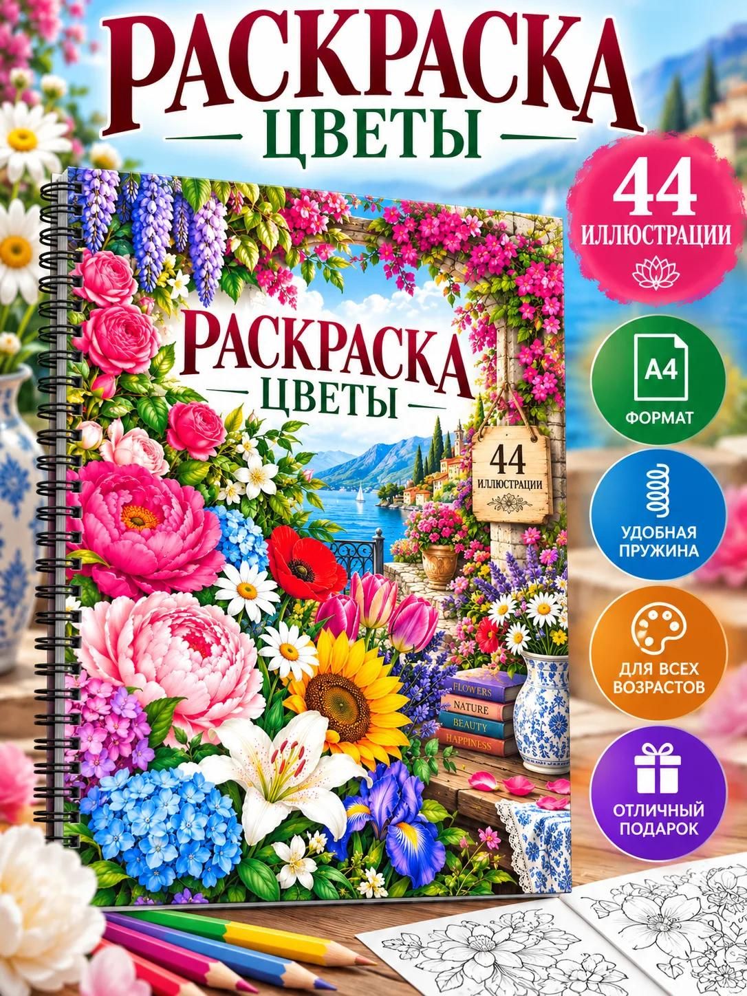 Раскраска сборник - Цветы, 44 иллюстрации A4 Релакс Антистресс