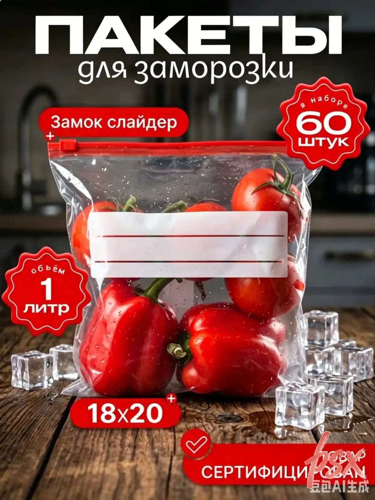 Пакеты для заморозки 18х20 (1 литр) см, 60 шт, 45 мкм