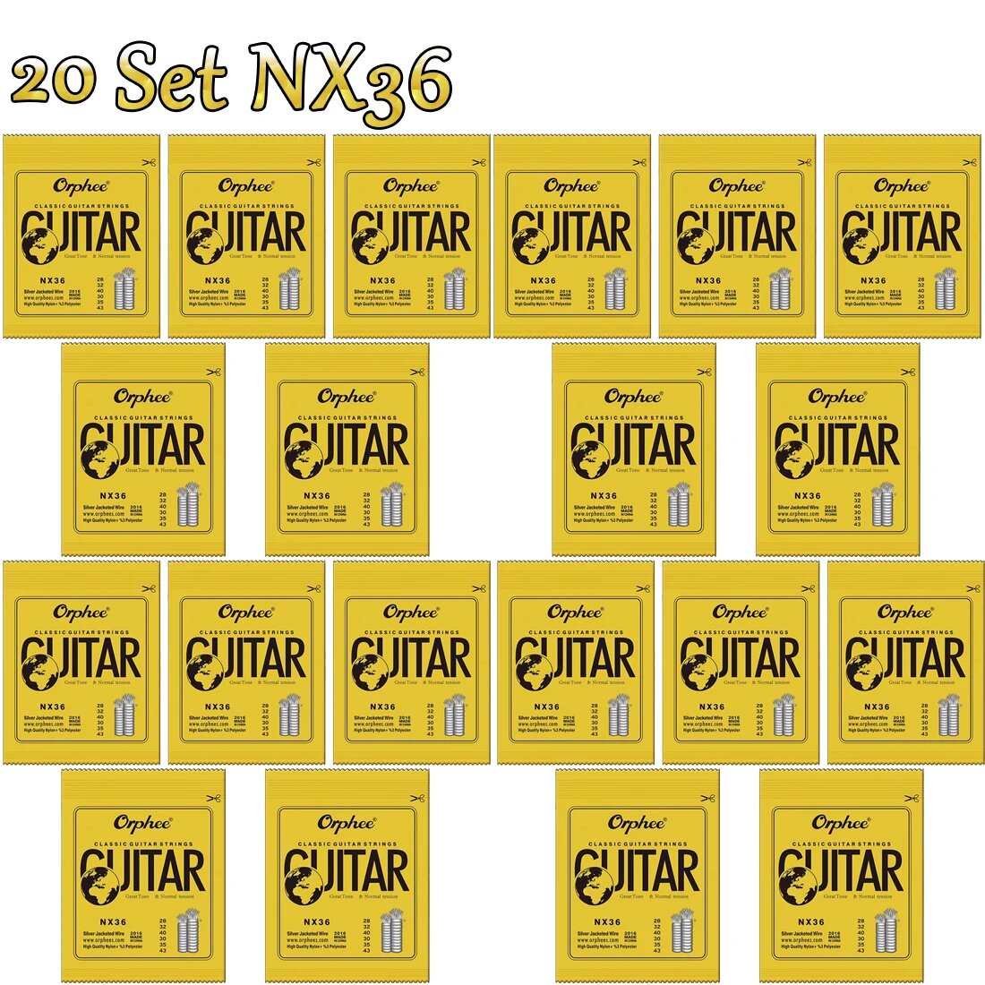 Струны для классической гитары Orphee NX, нейлоновые, серебро Желтый, 20 Set NX36