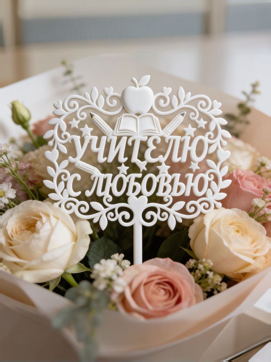 Топпер Учителю С Любовью, подарок к 1 сентября, топпер в цветы и торт