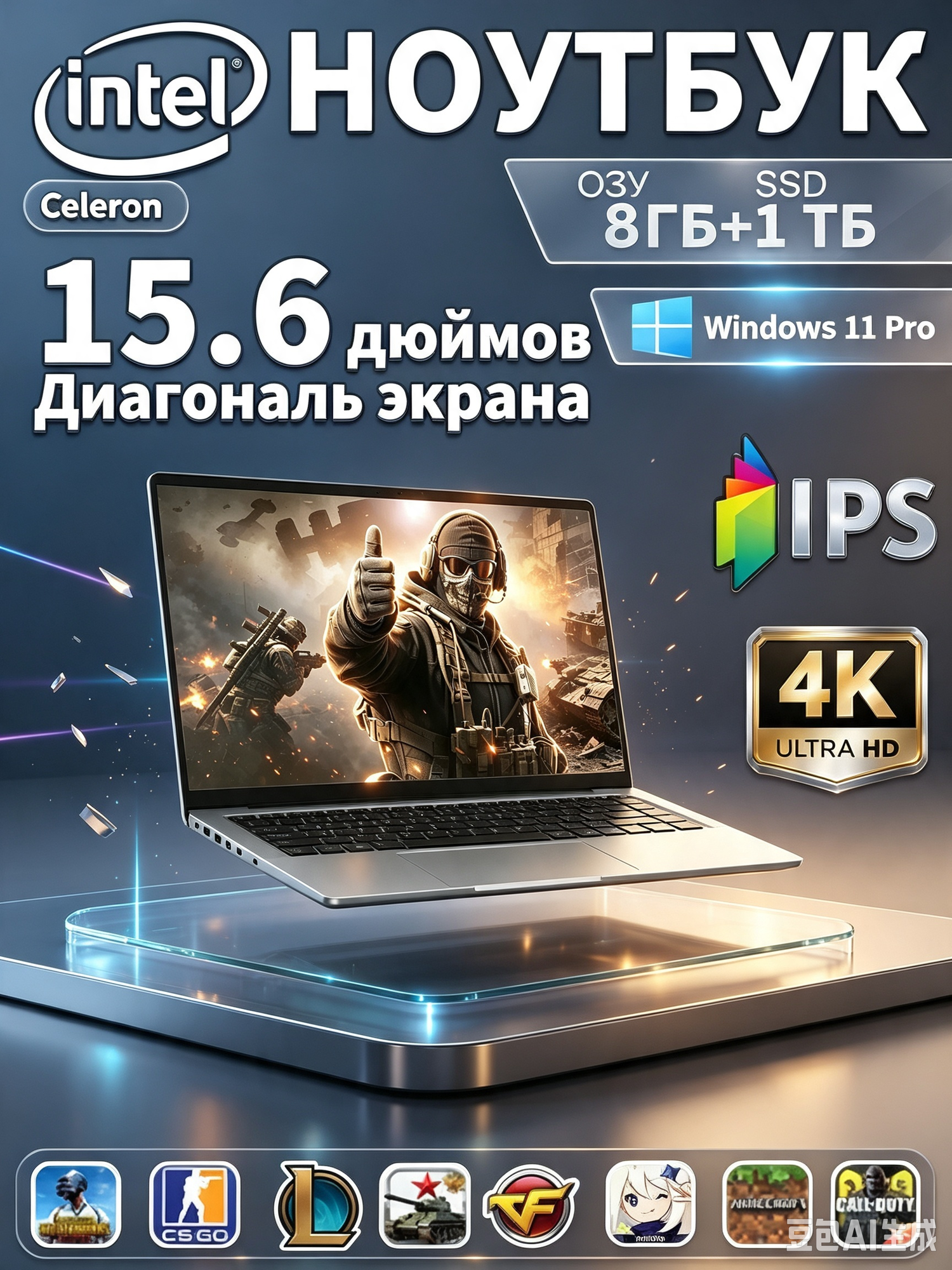 Ноутбук, Intel Celeron, 8GB RAM, 1TB SSD, Windows 11, IPS, 15,6", серый