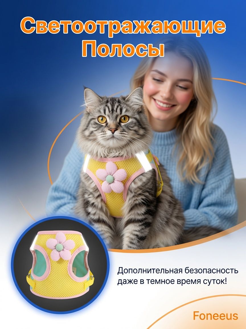 Анатомическая шлейка для кошек с поводком Foneeus, жилетка для котенка и мелких собак. Светоотражающий дышащий жилет-трансформер против побега с цветком