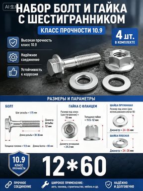 AUTO KREPEJ Болт автомобильный М12 х 1,25, 60 мм, 4 шт.