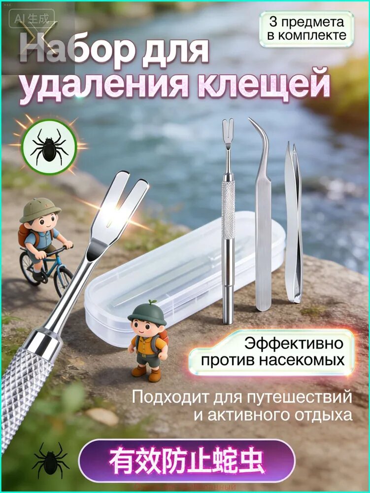 Набор для удаления клещей и насекомых + 3 предмета в комплекте + Эффективно против насекомых, лёгкое и быстрое использование