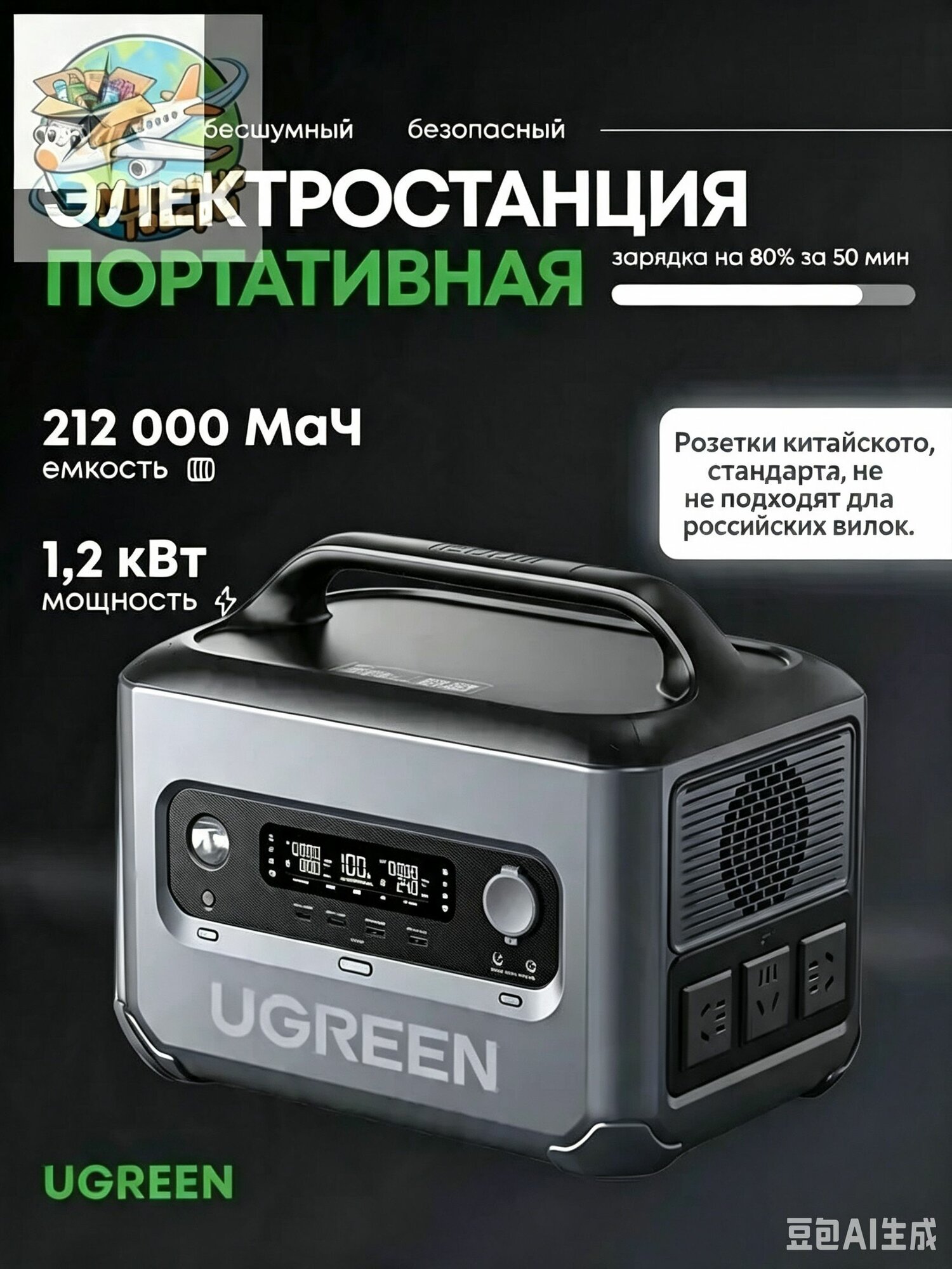 Электростанция портативная UGREEN GS1200 1024Wh/1200W 212800mAh, AC, USB-A, USB-C, авто 12V, DC5521, тёмно-серый для путешествий, общая мощность 1565W