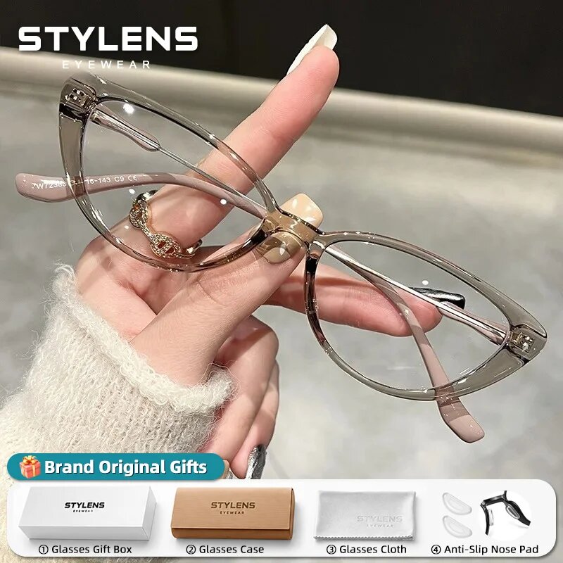STYLENS Очки кошачий глаз для женщин пластмассовые C5-Transparent Brown, Single Vision Custom