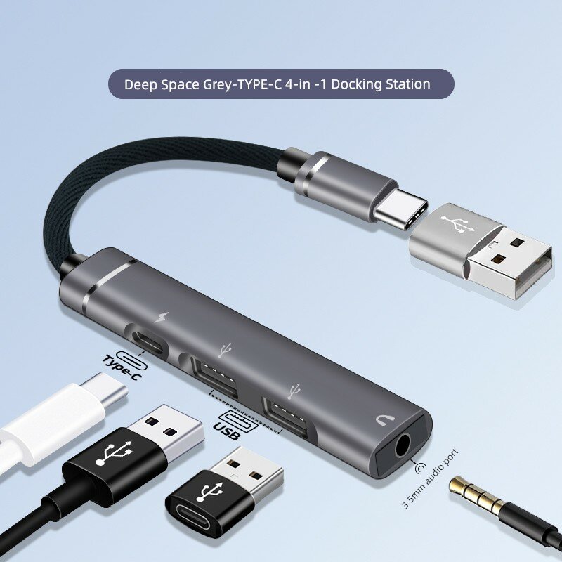 Хаб USB/Type-C с 2 портами USB-A + 1 Type-C + аудиоразъем 3.5 мм, алюминиевый оплетенный кабель