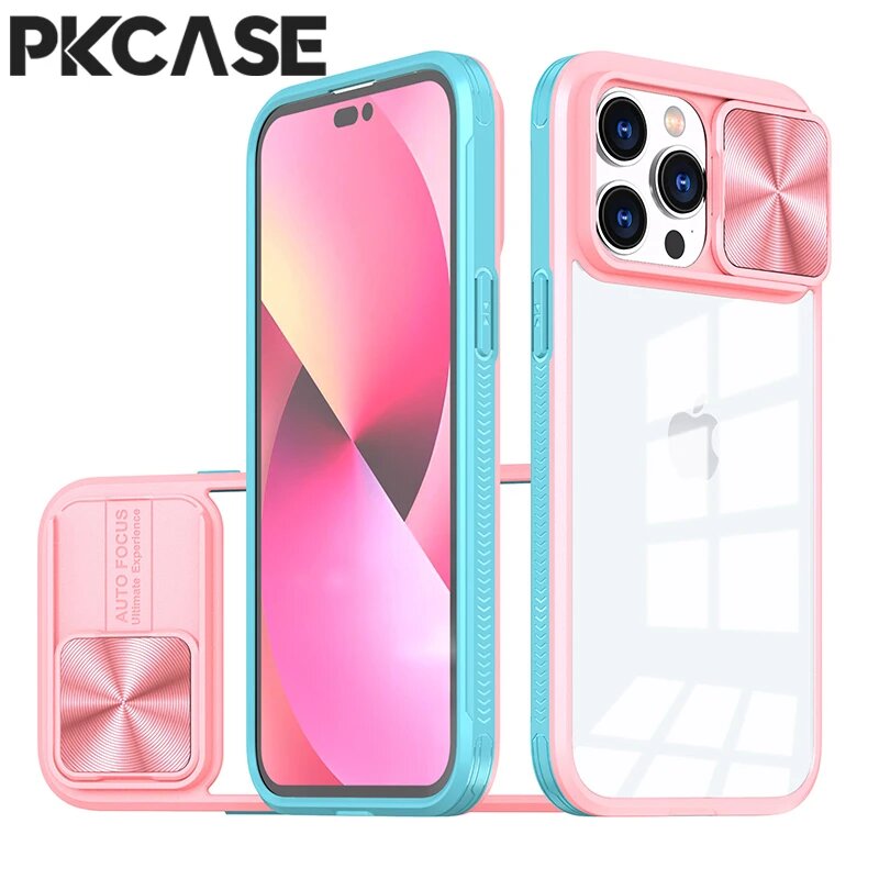 Противоударный прозрачный чехол PKCASE с выдвижной шторкой для iPhone 14 плюс, Розовый, Pink Blue