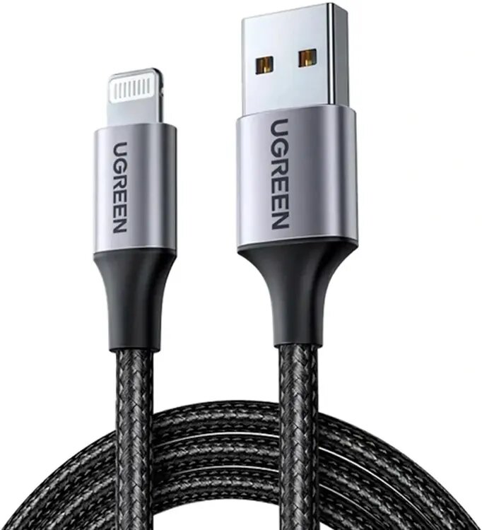 Кабель UGREEN US199, Lightning (m) - USB (m), 2м, MFI, черный / серый