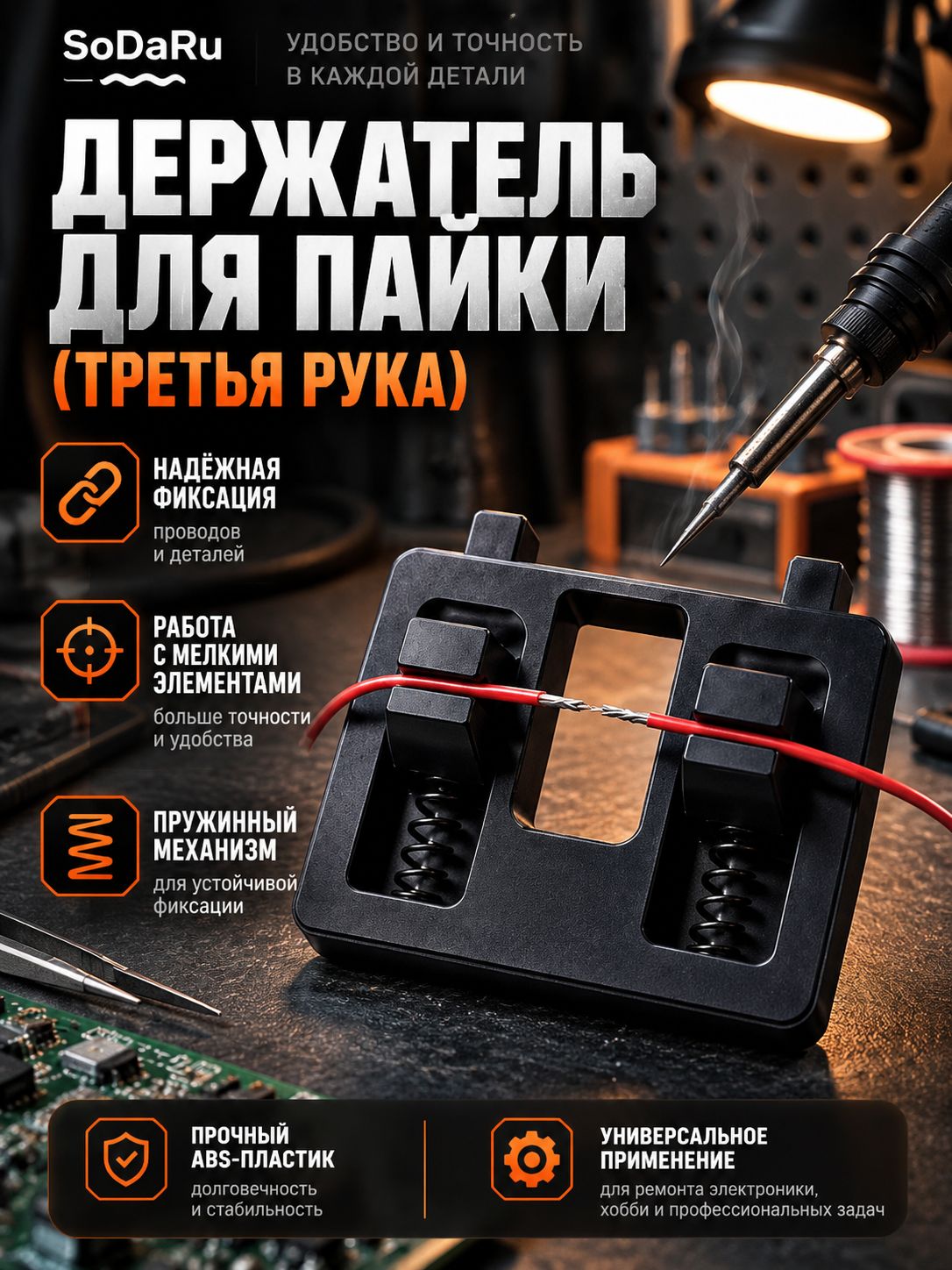 Держатель для пайки /Третья рука для пайки / зажим для проводов и мелких деталей/ держатель проводов для ремонта плат, электроники / сварочный кондуктор