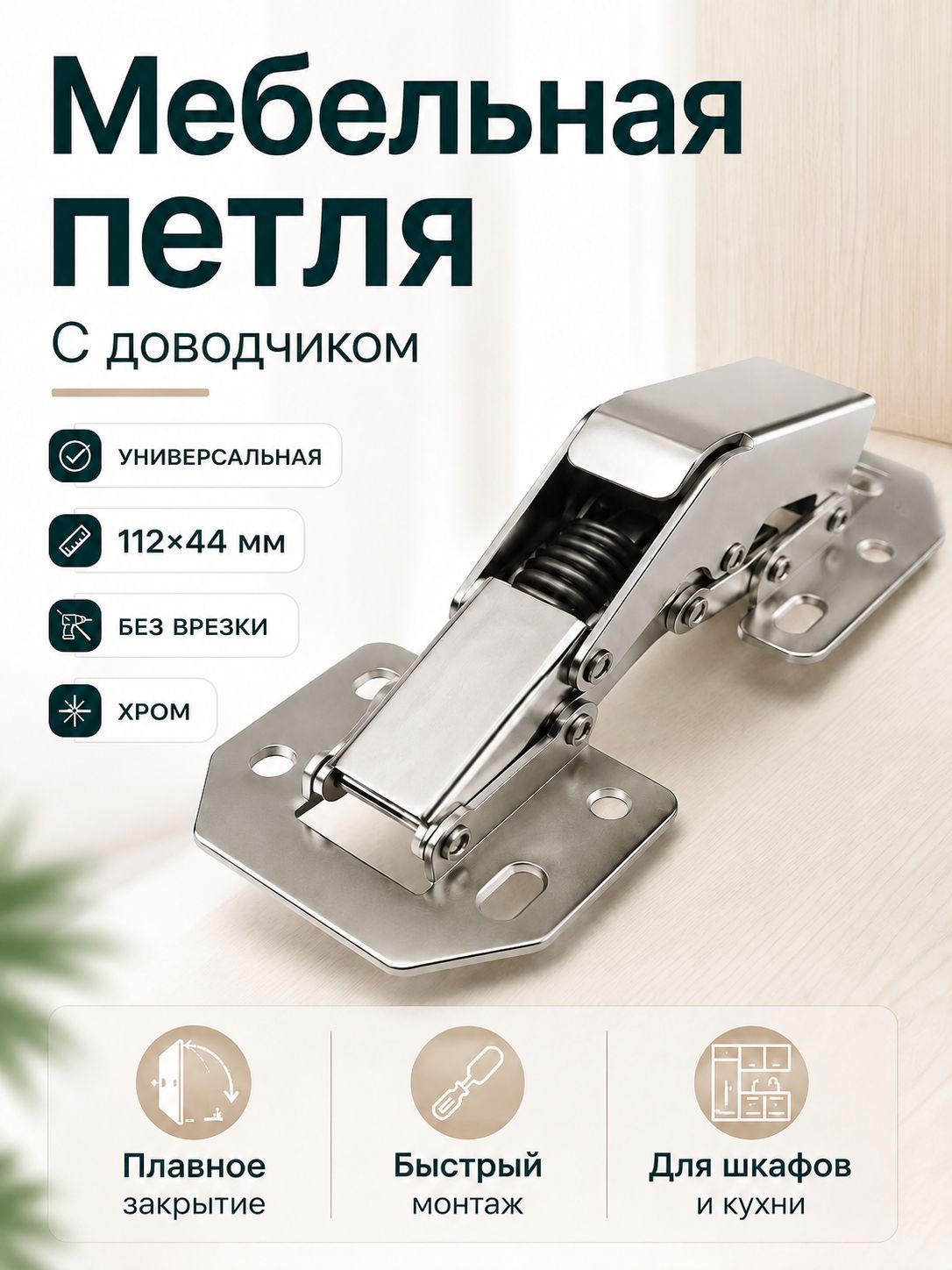 Петля мебельная универсальная 112х44 мм хром, петля с доводчиком для кухонных гарнитуров, мебели, фасадов