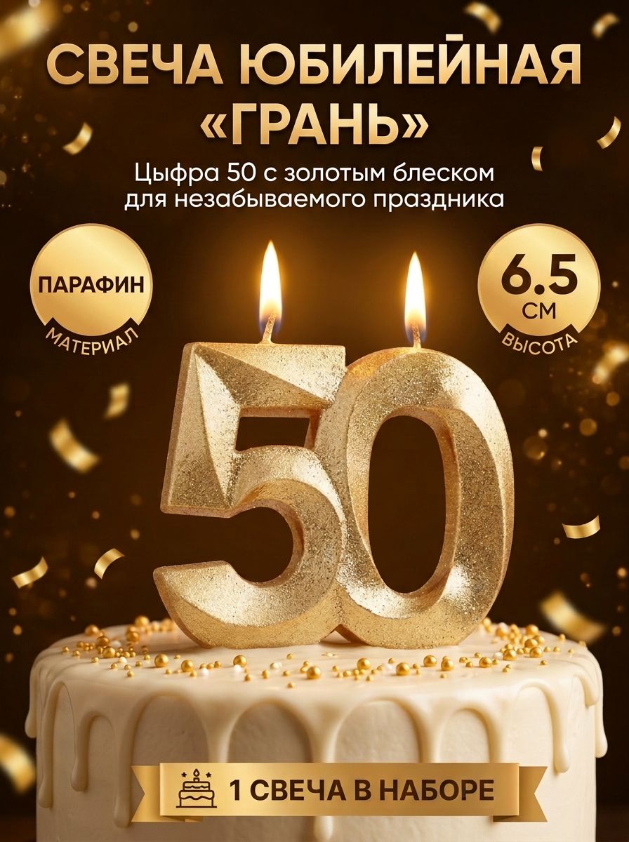 Свеча для торта юбилейная "Грань", цифра 50, золотой блеск, 7,8 см