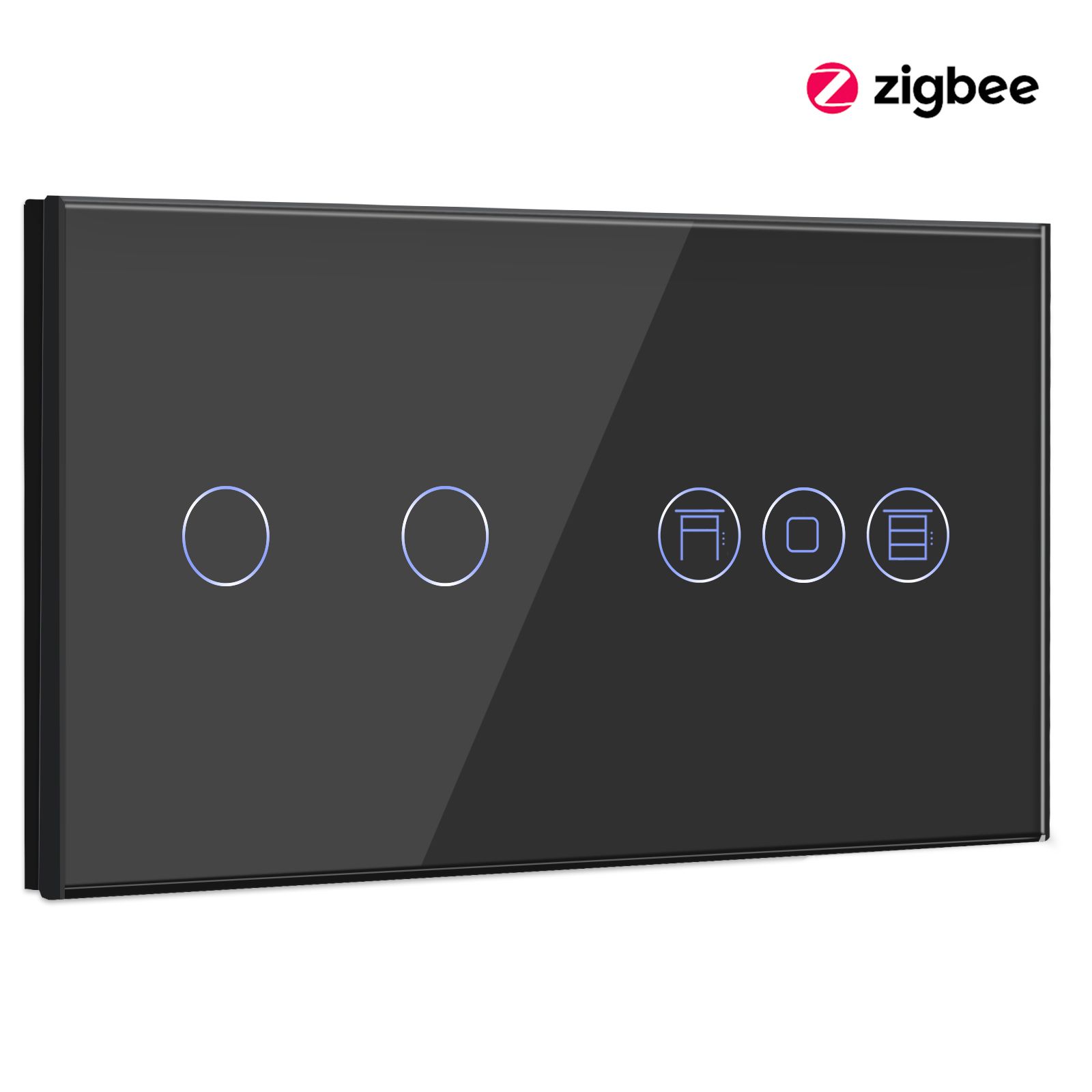 Сенсорный выключатель жалюзи умный с Zigbee, 2 клавиши выключатель+Рольставня, умный дом с Алисой , голосовое управление, работает со шлюзом, панель стекло Черная