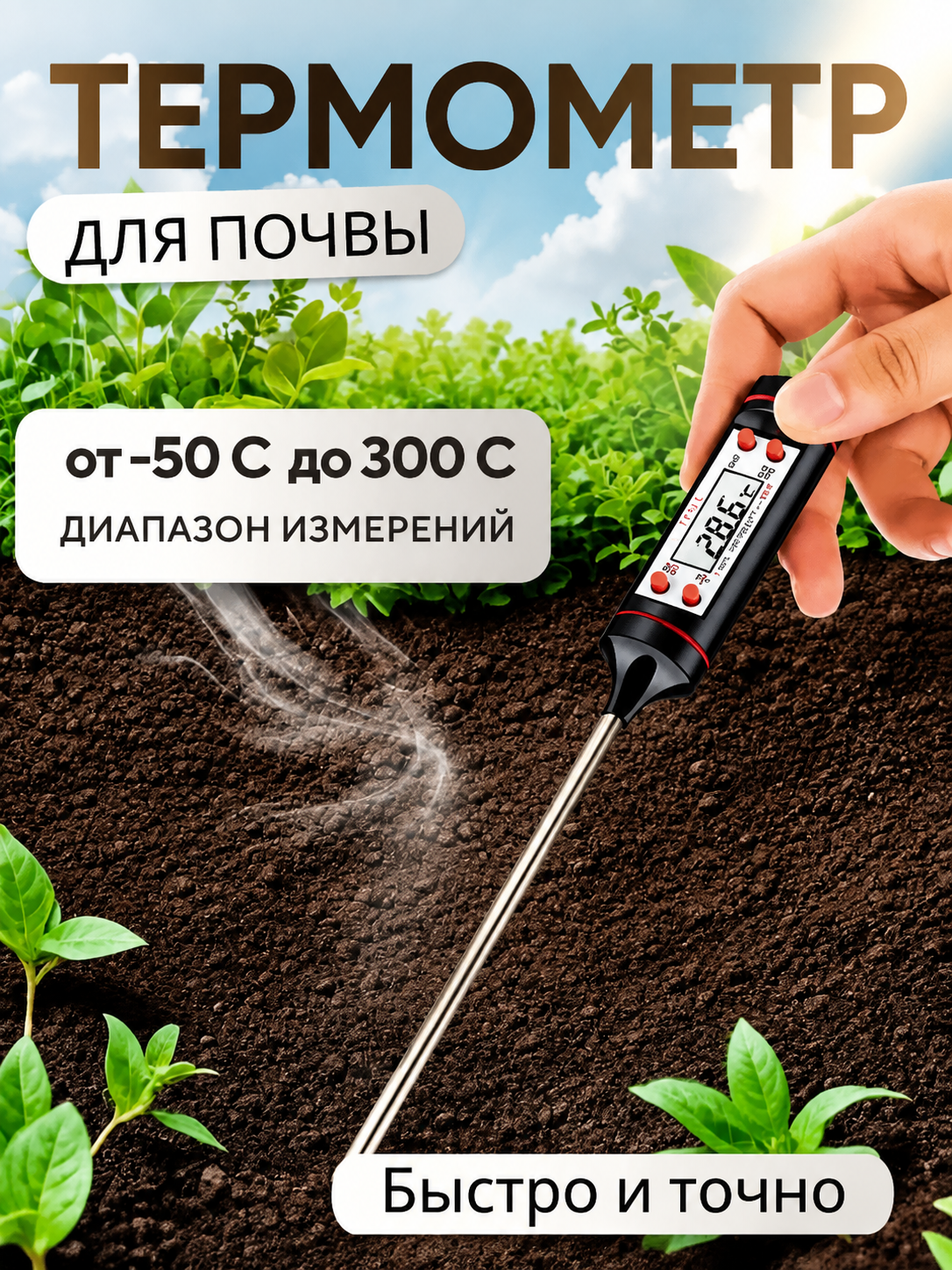 Цифровой термометр для почвы, диапазон -50…+300°C, быстрый и точный садовый прибор