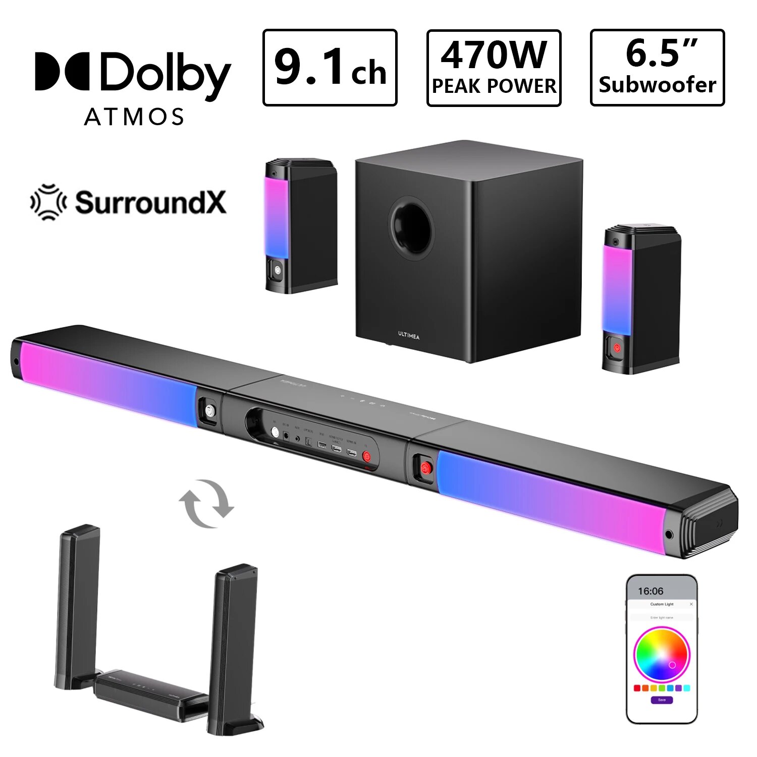 Саундбар ULTIMEA 9.1ch со съемными колонками с технологией Dolby Atmos и RGB-светом, системой домашнего кинотеатра с surround-звучанием с 2-мя колонками для окружения, управление через приложение