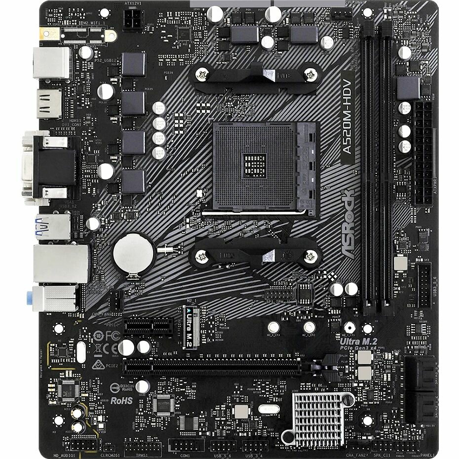 Материнская плата ASRock A520M-HDV, AMD A520, 2x1x M.2 , 1x PCI-E x16, 1x PCI-E x1, 1x D-Sub есть, 1x HDMI есть, 1x DVI есть, 1x DP нет