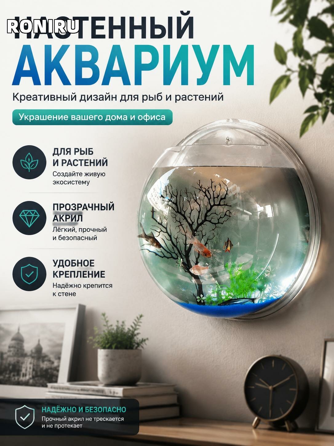 Настенный аквариум из прозрачного акрила — креативный дизайн для рыб и растений, удобное крепление для дома и офиса