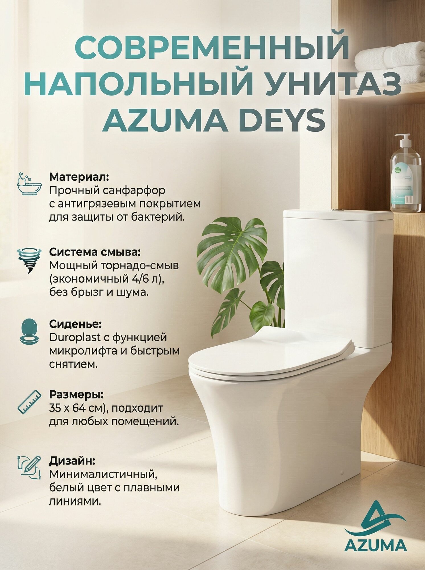 Унитаз-компакт напольный AZUMA Deys безободковый, смыв Торнадо, сиденье быстросъемное микролифт