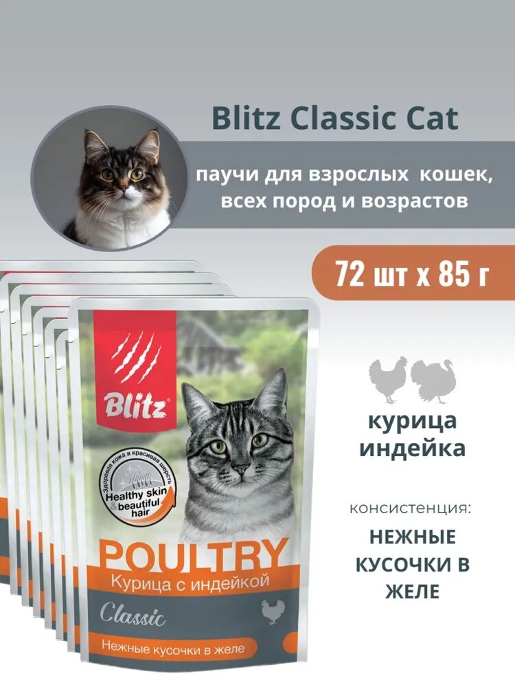 Консервированный влажный корм Blitz Classic Adult Cat для кошек всех пород (курица с индейкой) полнорационный, 3 упаковки (72 шт по 85 г)