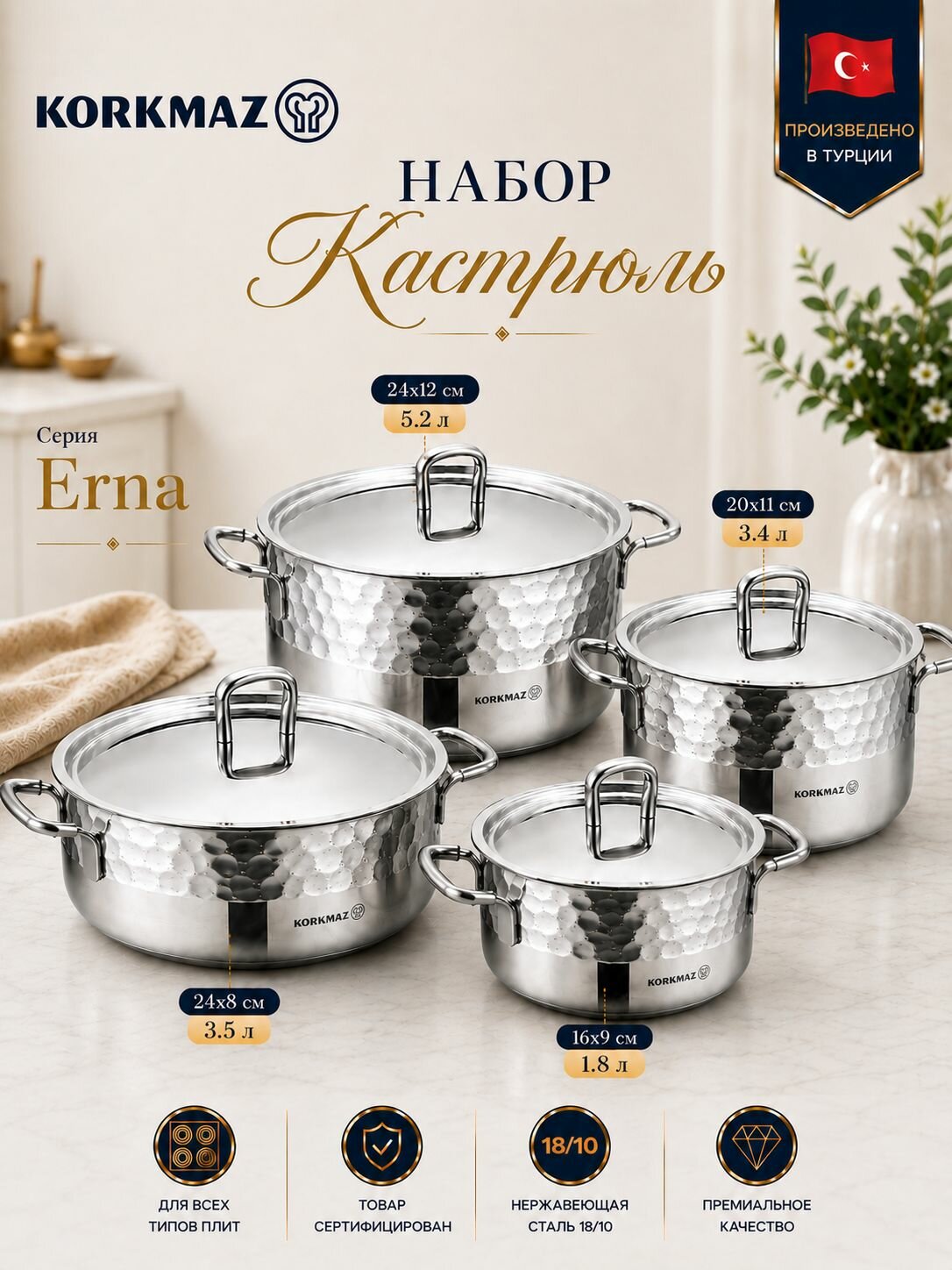 Набор кастрюль ERNA Cookware Set из нержавеющей стали 8 предметов