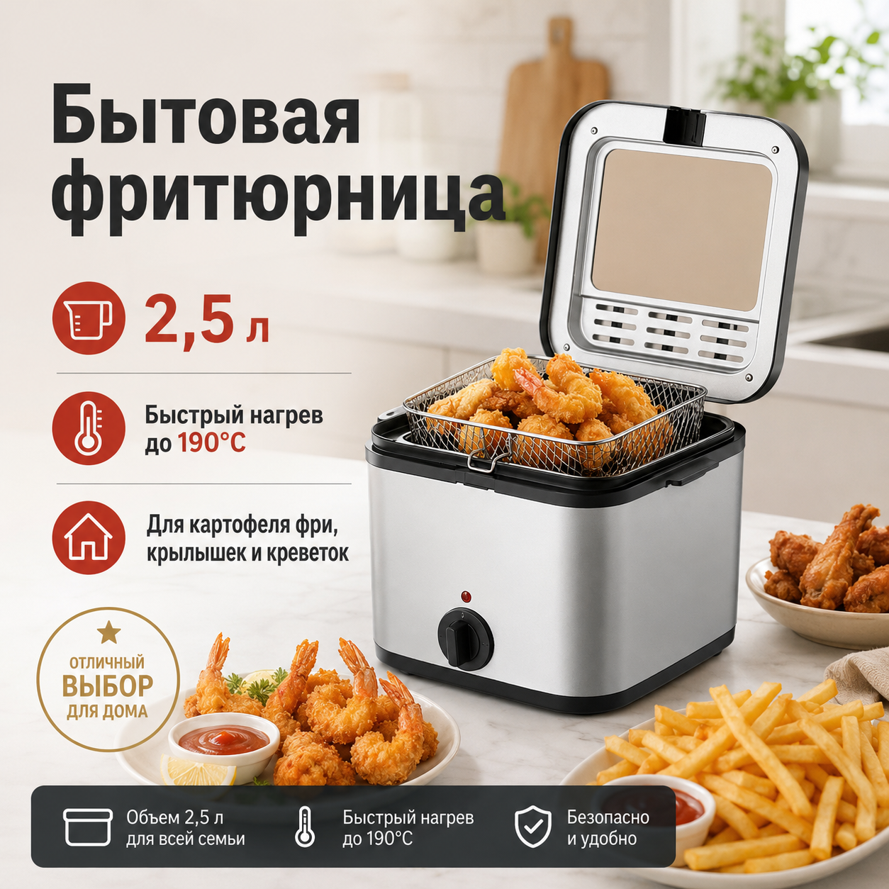 Фритюрница быстрого нагрева объемом 2,5 л, съемная чаша, корпус из нержавеющей стали