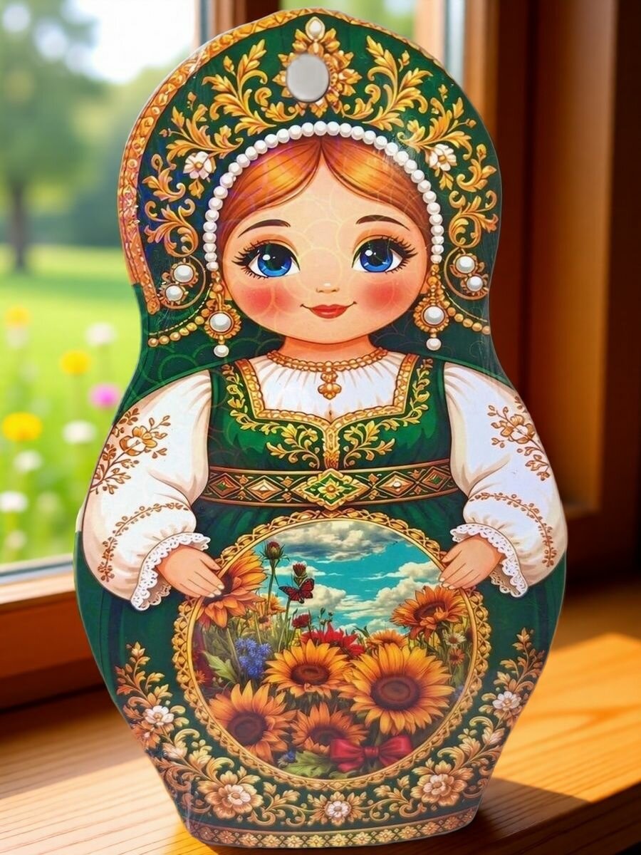 Доска сувенирная разделочная "Матрешка в подсолнухах", 27 см.