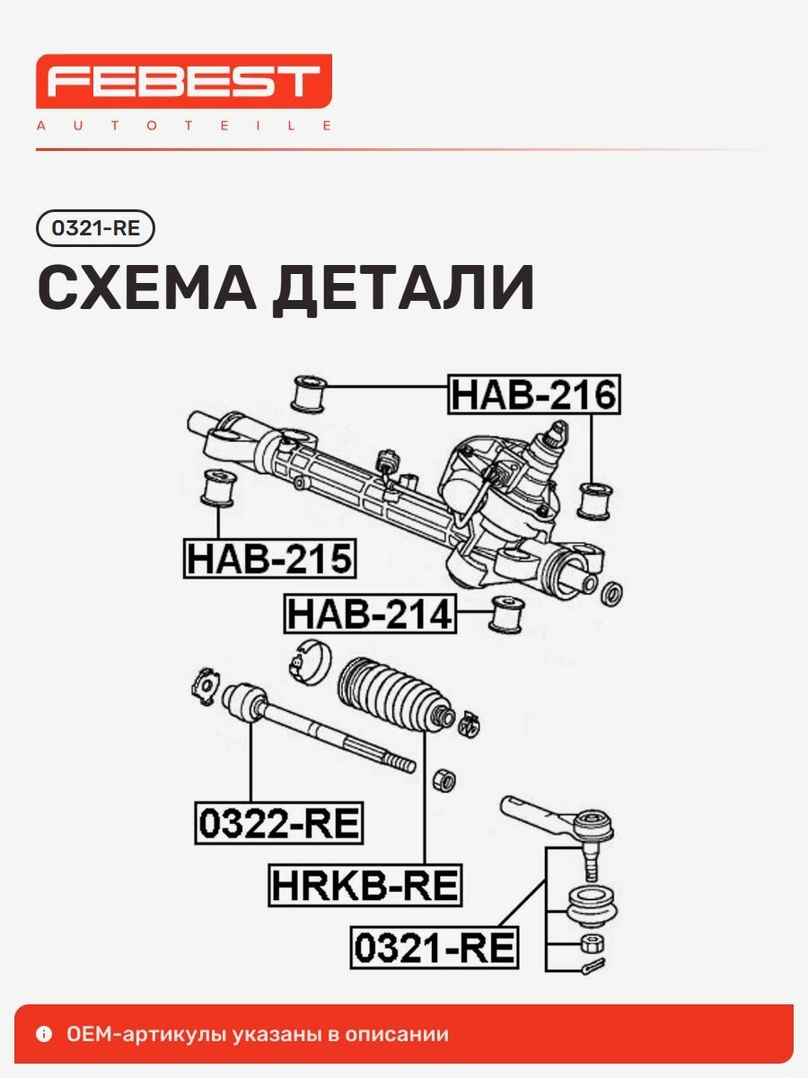 Наконечник рулевой Honda Хонда CR-V, CR-V I-CTDI, CR-V I-DTEC, STEP WGN, Crossroad, CR-Z, Great WALL Грейт Вол F7 MKQ, Hover 0321-RE, Febest 0321RE — фото 1