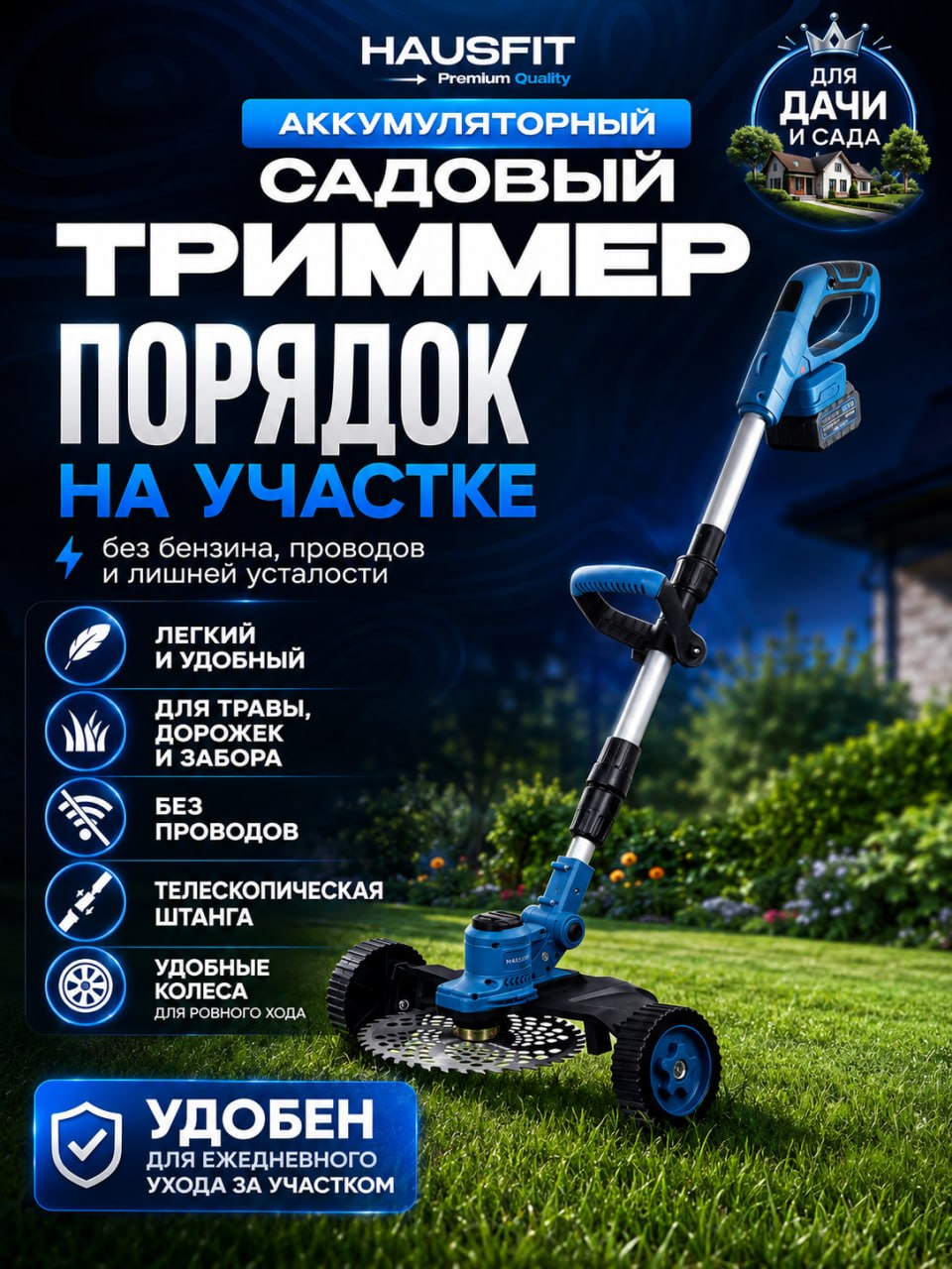 Триммер HAUSFIT аккумуляторный, 2 АКБ 6000мАч, EVA-кейс для аксессуаров, плечевой ремень, дисплей с индикатором заряда
